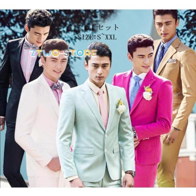 上下セット タキシードスーツ 2点セットスーツ メンズスーツ 2つボタンスーツ 結婚式 二次会 成人式 卒業式 就職活 春秋冬 ビジネスフォーマルスーツ