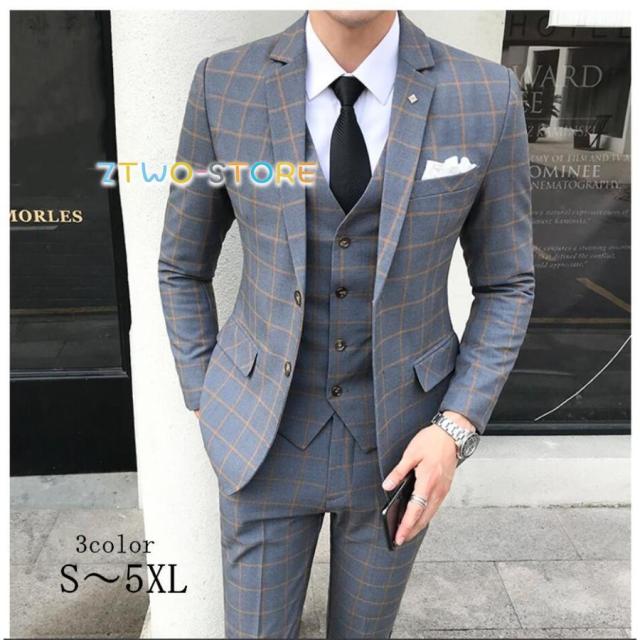 メンズスーツ タキシードスーツ 3点セットスーツ 1つボタンスーツ フォーマルスーツ 結婚式 二次会 成人式 卒業式 就職活 ビジネススーツ 披露宴 チェック柄