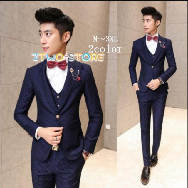 メンズスーツ 花柄 タキシードスーツ 3点セットスーツ ダブルボタンスーツ フォーマルスーツ 結婚式 二次会 成人式 卒業式 就職活 ビジネススーツ 披露宴