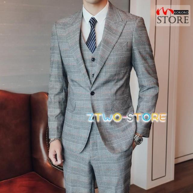 3ピーススーツ 結婚式 スリーピース スリーピー 1つボタン チェック柄 細身 スーツ セットアップ ビジネススーツ 紳士 秋 メンズ