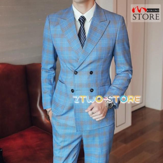 ダブルスーツ 3ピーススーツ スリーピース スリーピー スーツ チェック柄 細身 セットアップ 衣装 パーティ 結婚式 秋 メンズ