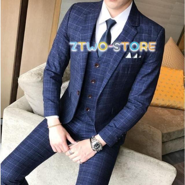 メンズスーツセットチェク柄 ジャケット+ベスト+パンツ スーツ3点セット 大きいサイズ　ビジネス/フォーマル/パーティー/結婚式　 紳士服
