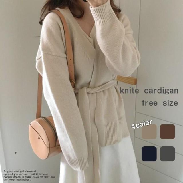 ベルト付き　カーディガン　レディース　ニット ニットカーディガン　長袖 　セーター　トップス　アウター　羽織り　カーデ　可愛い　Vネック　ゆったりめ
