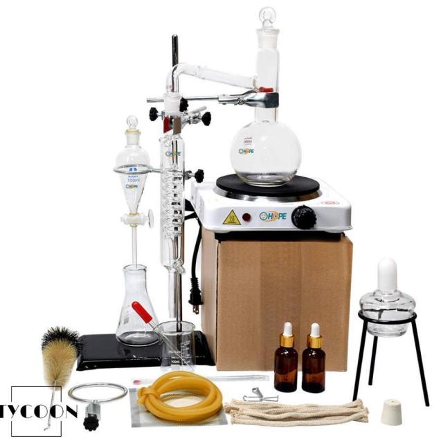 500ML（0.13Gal）ラボエッセンシャルオイル抽出蒸留装置水蒸留器精製器化学ラボガラス器具キットハイドロゾル、アルコール蒸留器、教育機器（ホットストーブ付き