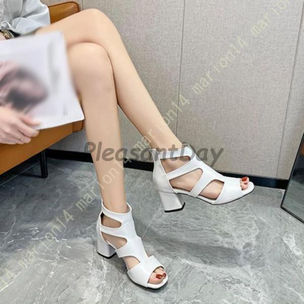 ブーツサンダル 大きいサイズ メッシュ 花刺繍 太ヒール レディース サンダル サマーブーツ バックジッパー オープントゥ ドレスシューズ 美脚サンダル