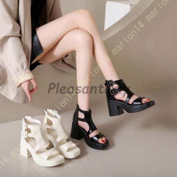 グラディエーター サンダル スクエアトゥ チャンキーヒール サンダル レディース パンプス 大人可愛い ストラップ サンダル ハイヒール ヴィンテージ 通気穴