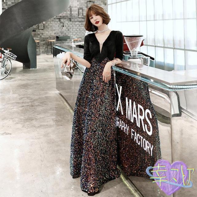 【爆買】全4色 イブニングドレス 黒 ロングドレス キラキラドレス 発表会ドレス スパンコール 素敵 キレイめ パーティードレス ブラック ワイン赤