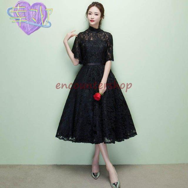 【爆買】5色！総レース仕様フレアーワンピースドレス ワンピース 入園式 ワンピ　結婚式 二次会 入学式 大人 上品 卒業式 OL ロング丈 ひざ下 5分袖 春 夏 秋 冬