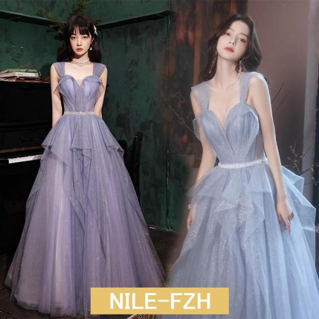 【爆買】ロングドレス イブニングドレス オフショルダー パープル ブルー キャミドレス 発表会ドレス スパンコール キラキラ キレイめ チュール パーティードレス 結婚式