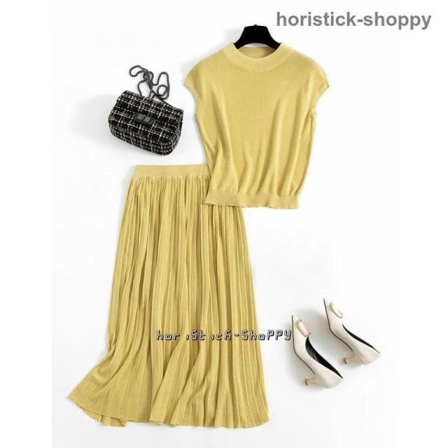 セットアップ レディース サマーニット フレンチスリーブ ニット きれいめ ミモレ丈 スカート ロング Aライン シンプル 大きいサイズ 3L 黒 春 夏 ウエストゴム