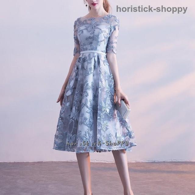 パーティードレス 袖あり 五分袖 20代 30代 ワンピース ドレス 半袖 花柄 レース ミディ丈 Aライン レース レースアップ フレア 春 春服