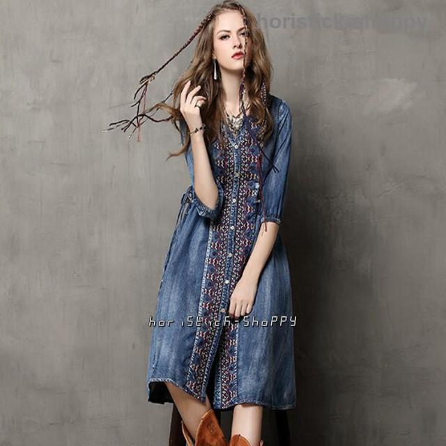 デニム ワンピース シャツワンピース 五分袖 半袖 膝丈 エスニック 柄 Vネック カジュアル 体型カバー かわいい Aライン ボタン 春 春服 大きいサイズ