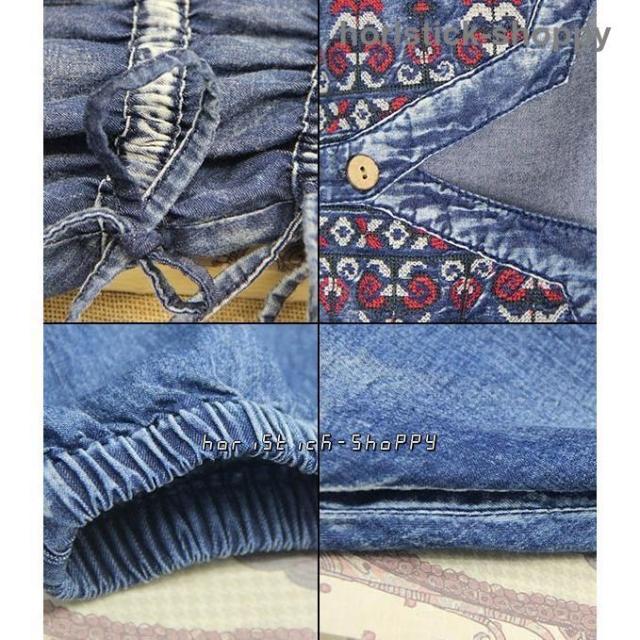 デニム ワンピース シャツワンピース 五分袖 半袖 膝丈 エスニック 柄