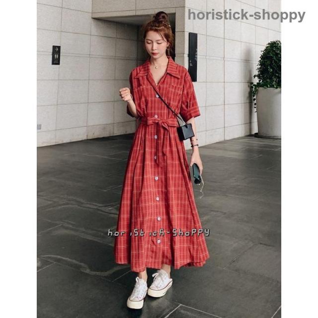 ワンピース レディース 半袖 ロング 春 夏 チェックワンピース ロングワンピース シャツワンピース ウエストマーク ウエストリボン 大きいサイズ レトロ
