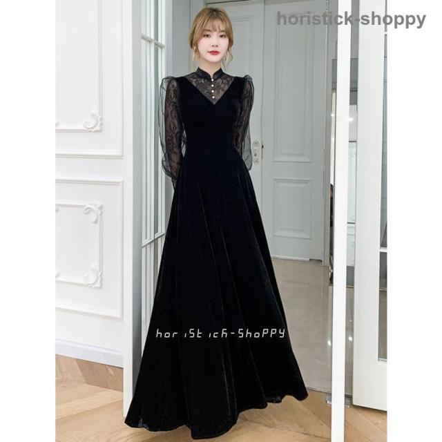 パーティードレス 結婚式 お呼ばれドレス 袖あり ロング 長袖 シースルー袖 ロングドレス 黒 大きいサイズ 3L 小さいサイズ 韓国 おしゃれ