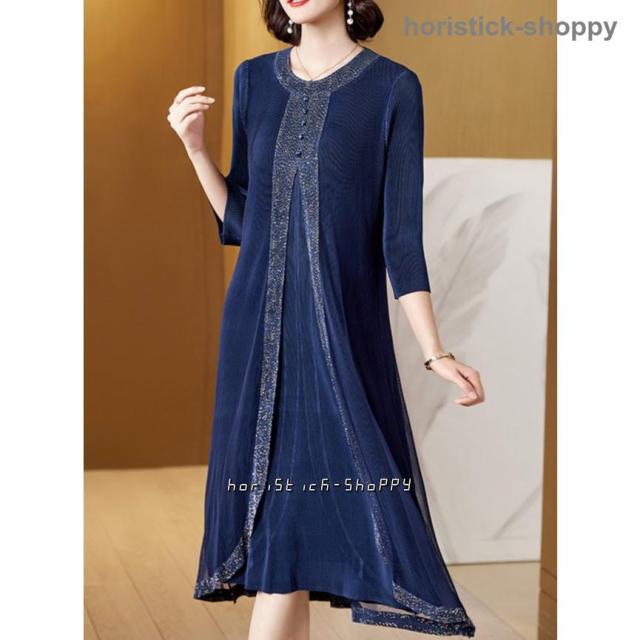 レイヤード風 ワンピース レディース パーティードレス 結婚式 お呼ばれドレス 60代 50代 40代 袖あり 長袖 フォーマルワンピース 上品 重ね着風