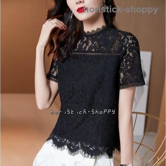トップス レディース 夏 春 半袖 レース レースブラウス レースカットソー シャツブラウス スタンドカラー 大きいサイズ 3L 黒 白 シンプル きれいめ 通勤服