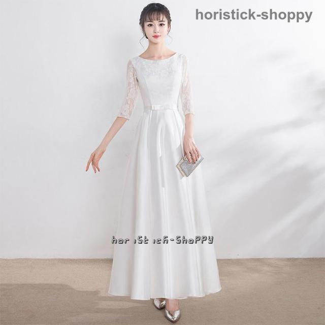 ウェディングドレス 花柄 レース 結婚式 花嫁 二次会 ロングドレス 白 ホワイト ミディアム丈 袖あり 五分袖 ウエストマーク 大きいサイズ 3L 4L