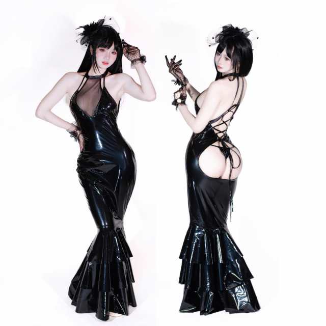 コスプレ セクシー チャイナ チャイナドレス チャイナ服 ゴスロリ ワンピース ゴシック パンクスロリータ ゴシック風 暗黒 ボンデージ ボディコン エナメル PVC 女王様  ブラック  レディース レース帽子　ドレス Ｔバック 手袋 5点