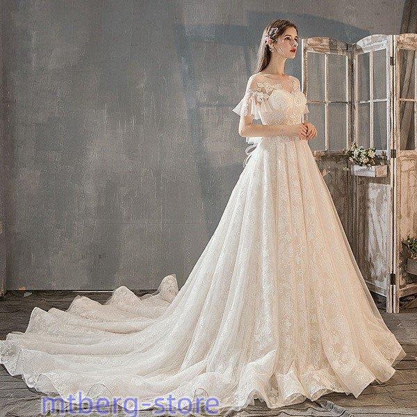 ウェディングドレス ウェディングドレス白 パーティードレス パフスリーブ 花嫁ロングドレス 簡約 結婚式 露背 二次会 レース お呼ばれ 挙式 姫系hs5142