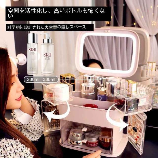 メイクボックス 鏡付き LEDライト付き 持ち運び メイクケース 大容量 化粧箱 化粧ボックス コスメボックス 化粧ポーチ メイクポーチ 化粧品収納 -1