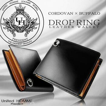 二つ折り財布 馬革×水牛革ドロップリング折財布 UHP 1149LT 左利き用コードバン×バッファロー短財布 unitedHOMME 送料無料