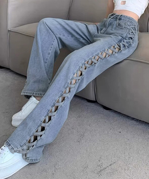 デニムパンツサイドレースアップジーパン 送料無料 即日発送