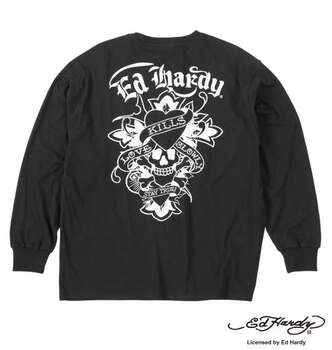 大きいサイズ Ed Hardy 天竺プリント長袖Tシャツ 3L 4L 5L 6L ブラック×シルバー ラッピング可 送料無料 即日発送