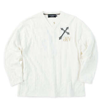大きいサイズ GLADIATE 刺繍ブロックジャガード長袖VネックTシャツ 3L 4L 5L 6L ホワイト ラッピング可 送料無料 即日発送