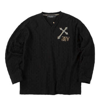 大きいサイズ GLADIATE 刺繍ブロックジャガード長袖VネックTシャツ 3L 4L 5L 6L ブラック ラッピング可 送料無料 即日発送