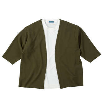 大きいサイズ COLLINS ふくれジャガードトッパー七分袖カーディガン+天竺半袖Tシャツ 3L 4L 5L 6L 8L カーキ×ホワイト ラッピング可 送料無料 即日発送