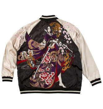 大きいサイズ 絡繰魂抜刀娘 穂乃花二刀流リバーシブルスカジャン 3L 4L 5L 6L ブラック×ベージュ ラッピング可 送料無料 即日発送