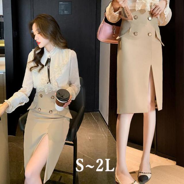 スカート上着 セットアップ フロントスリットペンシルスカートハイウエストひざ丈 ミディアム美脚 大きいサイズカジュアルボトムス AラインデートオフィスフォマールOL M L 2L 二次会S