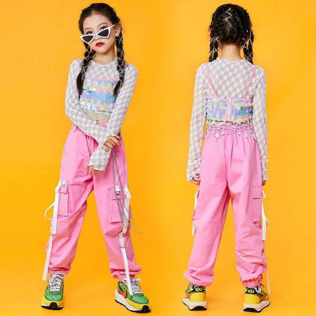 韓国 子供服 ピンク カラフル セットアップ 女の子 ヒップホップ キッズ ダンス衣装 トップス へそ出し 半袖 tシャツ 衣装 チアガール パ ダンス