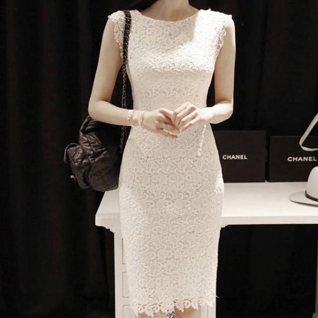 ワンピース ドレス ノースリーブ レディース ひざ丈 クルーネック 刺繍 レース スリム タイト 韓国 ホワイト ピンク パープル 白 3色展開 イベント お出かけ デート