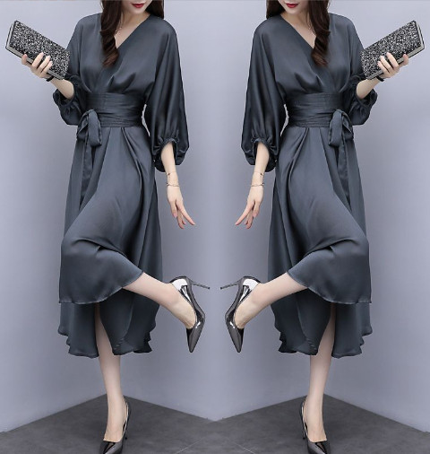 ワンピース ナチュラル きれいめ カジュアル おしゃれ ロングワンピース グレー Vネック ロング丈 とろみ ワンピ 5分袖 7分袖 パーティ 謝恩会 結婚式 セレモニー フォーマル 春 夏 春夏 秋