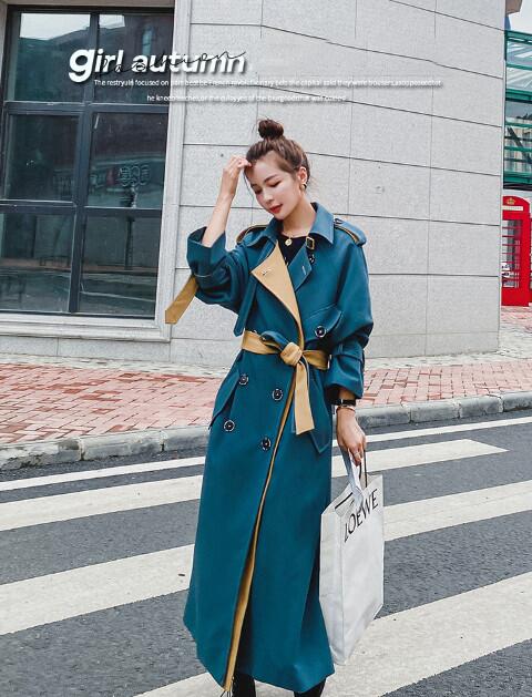チェスターコート きれいめ カジュアル お洒落 アウター レディース トレンチコート ロングコート 長袖 可愛い かっこいい 配色 ベルト バイカラー クラシカル 大きいサイズ 韓国 コーデ ブルー