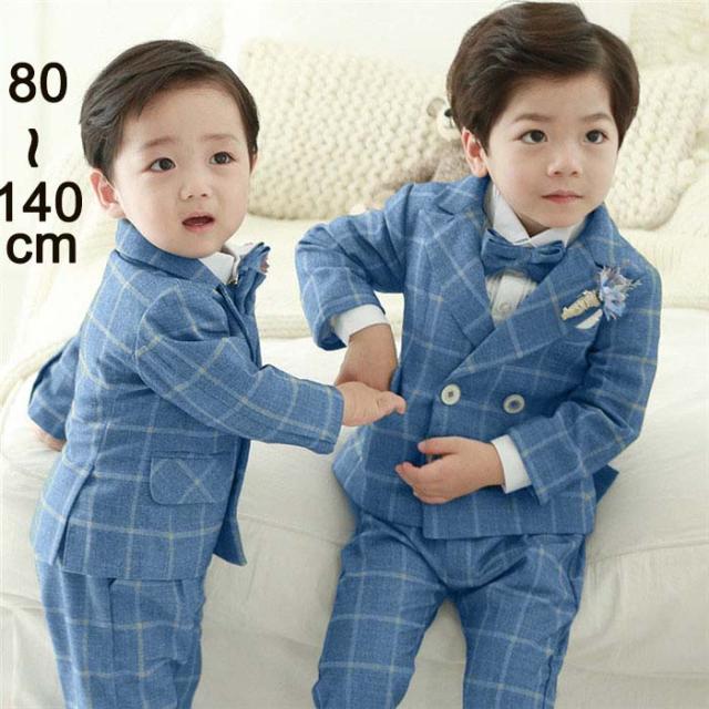 キッズスーツ 子供服 子供スーツ 男の子 スーツ ボーイ チェック柄 蝶ネクタイ 白シャツ 4点セット ベビー服 七五三 子供スーツ フォーマル 結婚式 発表会 入園式 入学式 卒業式 卒園式 おでか