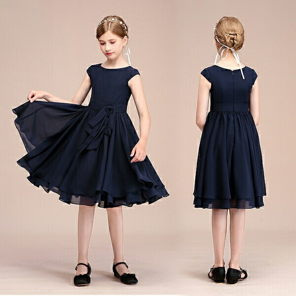 子供ドレス ピアノ発表会 ファスナー ミディアム丈 シフォンワンピ 演奏会 フォーマル 結婚式 花嫁付き添い