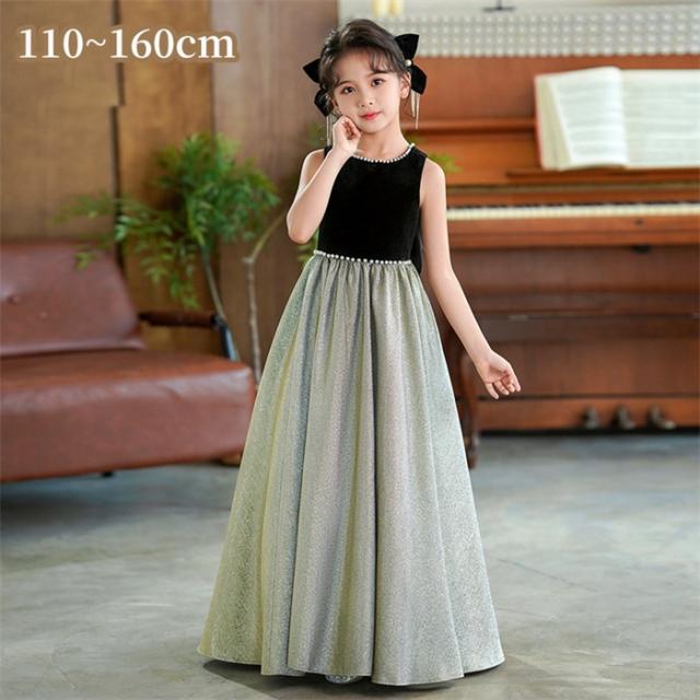 ピアノ発表会 ドレス 子供 女の子 ブラック グリーン 発表会ドレス ノースリーブ 子ども ワンピース