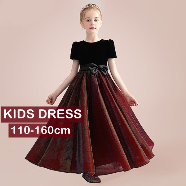 ロング丈 キッズドレス ピアノ 発表会 ワンピース ブラック 半袖 プリンセスドレス ステージ衣 お姫様