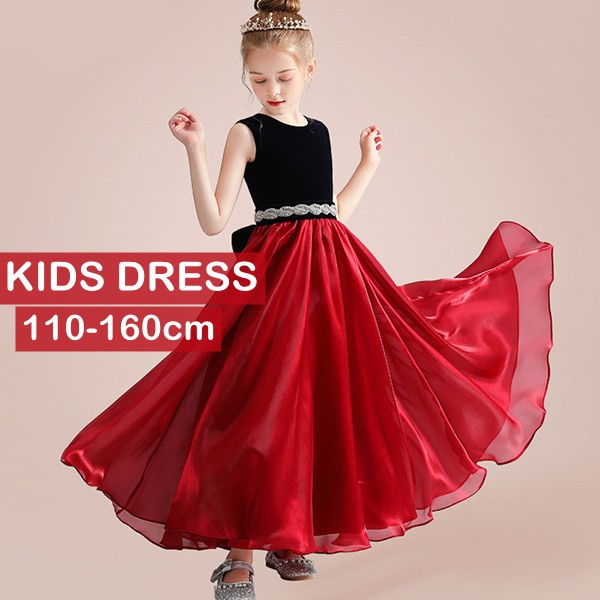 ロング丈 キッズドレス ピアノ 発表会 ワンピース ブラック ノースリーブ プリンセスドレス ステージ衣 お姫様