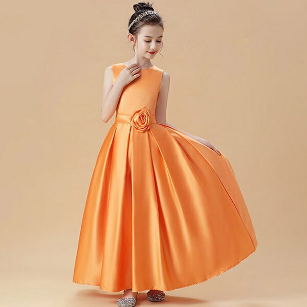 子供ドレス キッズドレス ピアノ発表会 ワンピース 女の子 フラワーガール お花付き ロング オレンジ パーティー 結婚式 七五三 卒業式