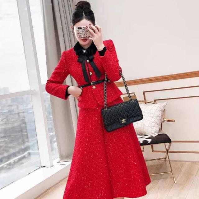 長袖にツイードレディースファッション スーツ セットアップ スカートスーツ