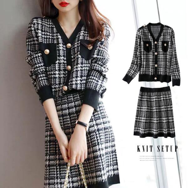 きれいめレディースファッション 千鳥柄セットアップツイード風 20代 30代 40代 50代 トップス+スカート 2点セット モノクロの千鳥柄 ニットジャケット スカート 上下セット ニットカーディガ