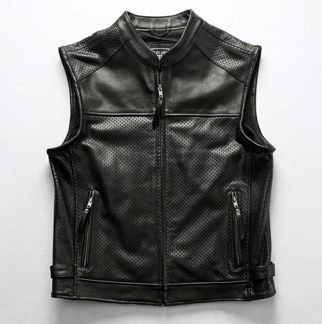 本革ベスト 牛革 メッシュ 無地黒色 バイクベスト リベット アウター 袖なしジャケット 春 秋 カジュアル メンズ
