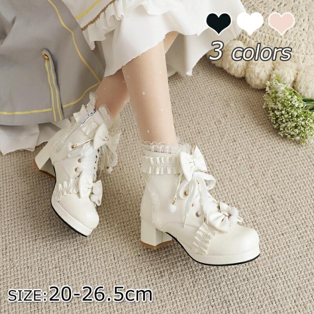 ムートンブーツ ホワイト ブラック ピンク ショートブーツ ロリータブーツ ロリータ靴 甘い 可愛い ロリィタ レディース 大人 女の子 スノーブーツ ミドルブーツ リボン 蝶結び 裏ボア 暖かい 太