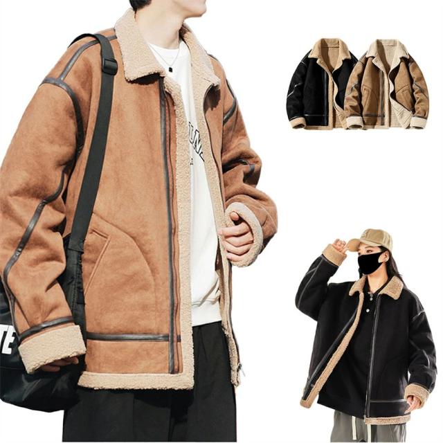 コート冬服スエード綿入れ男性冬の新ゆったり襟開き厚手男女兼用綿入れ毛皮一体機関車外套綿入れ暖かいお洒落ファッションブラックブラウン