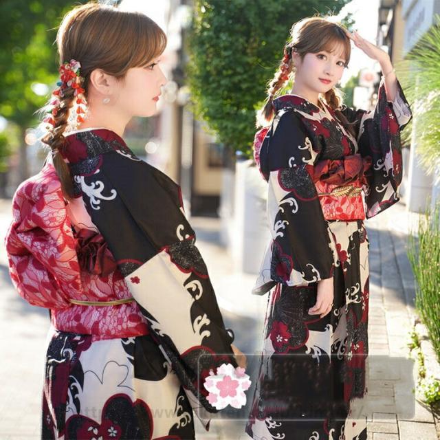 浴衣 高校生 大人 可愛い セット レディース 桜柄 黒 赤 中学生 ゆかた 女性 大人っぽい ワンピース かわいい リボン 作り帯 花柄