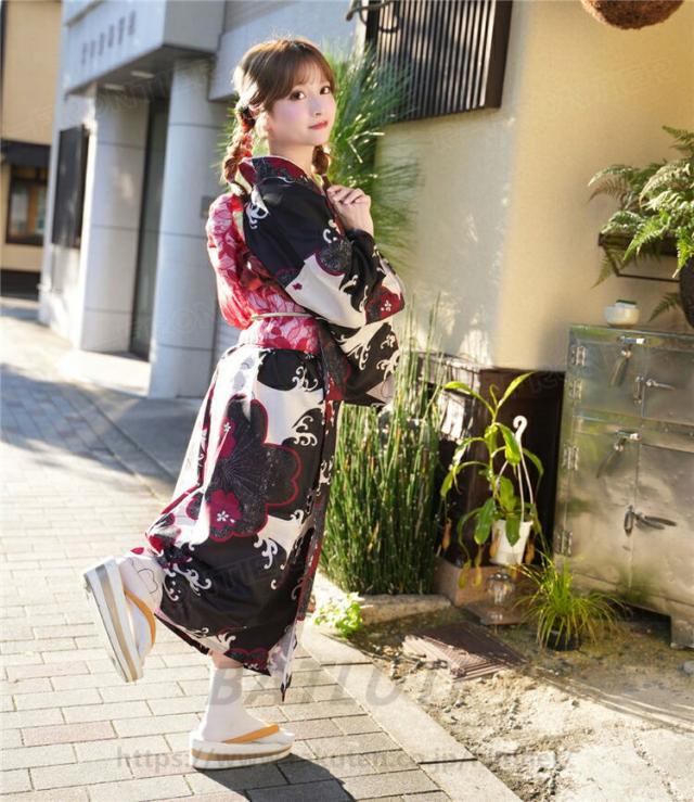 浴衣 高校生 大人 可愛い セット レディース 桜柄 黒 赤 中学生 ゆかた
